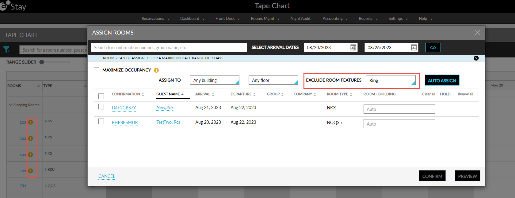 Assigning Rooms from Tape Chart Screen